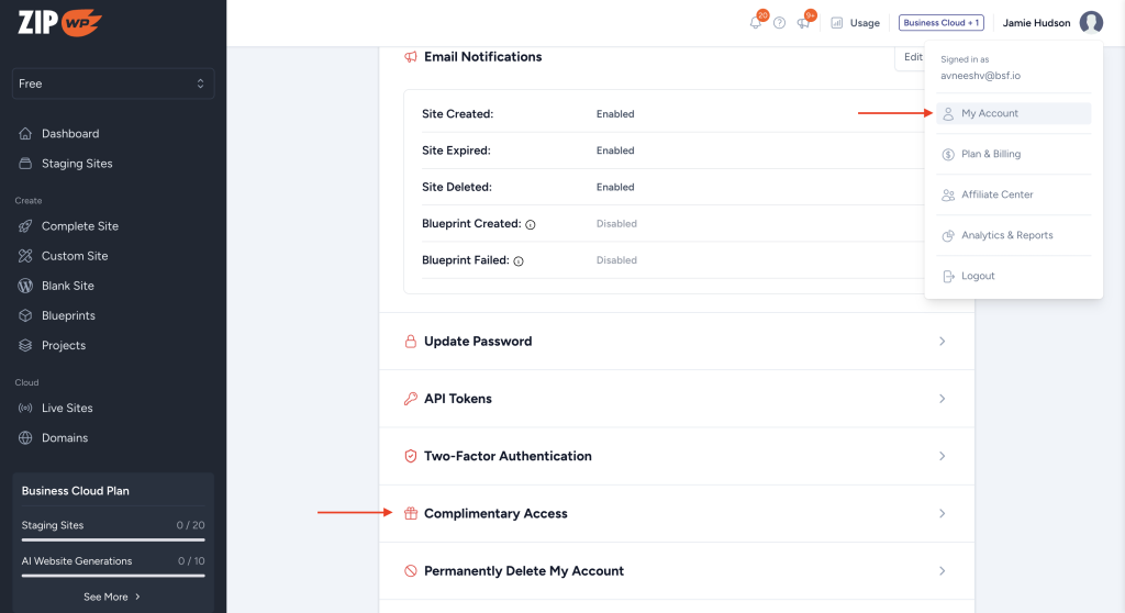 How to Claim Your Business Cloud's Complimentary Access? » ZipWP